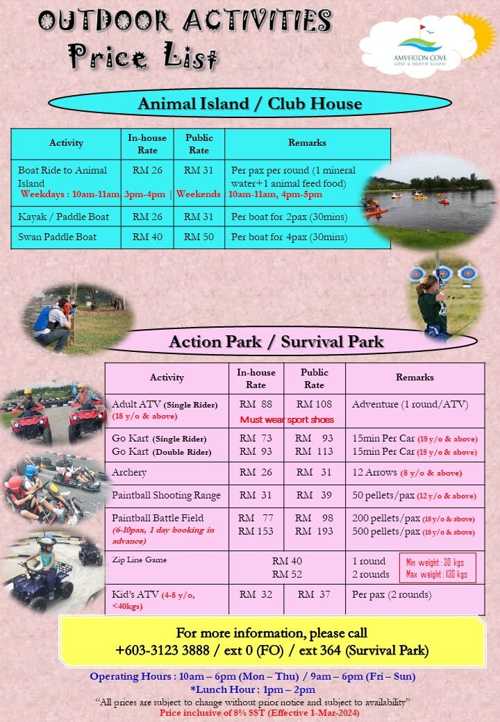 Outdoor Activities Price List - Amverton Cove